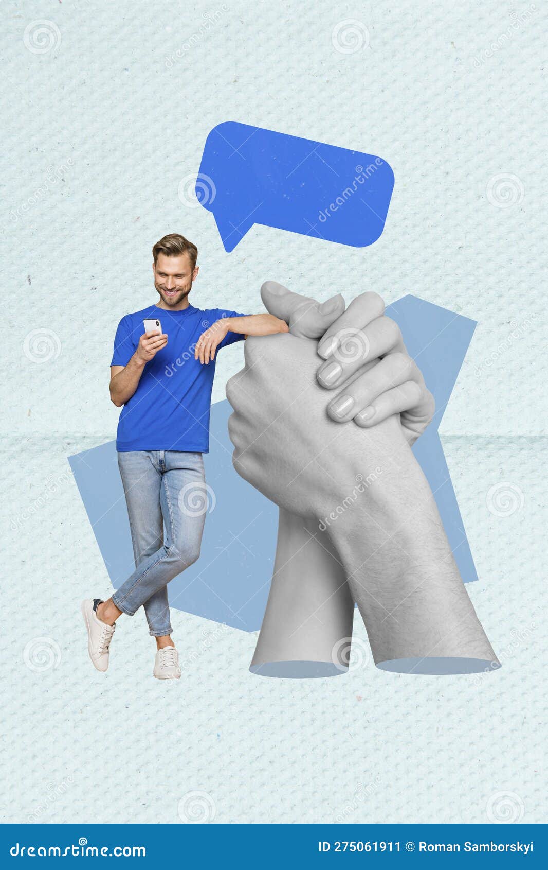 Poster Template Banner Collage of Young Guy Using Smart Gadget Texting ...