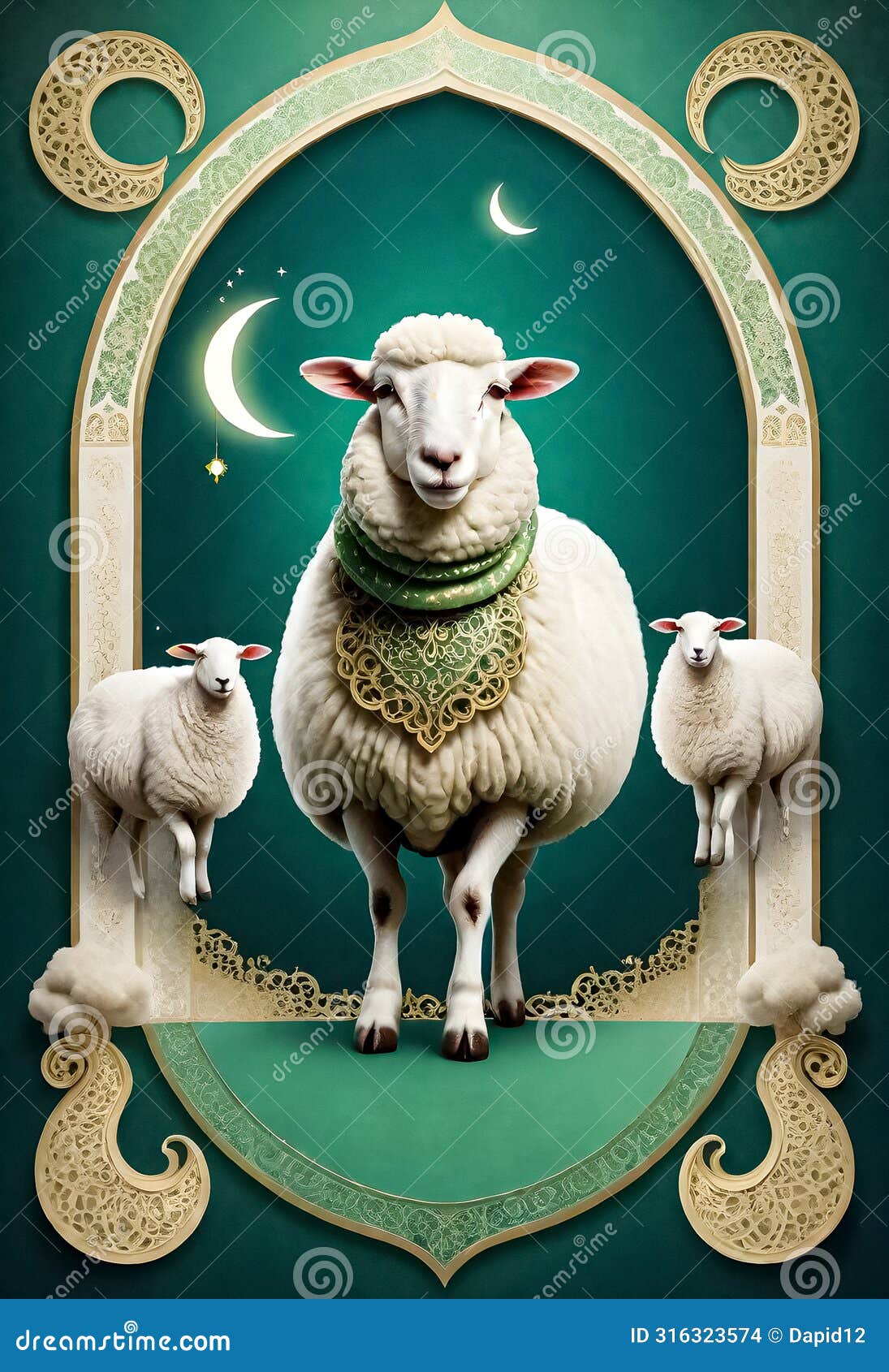 A Poster with Three Sheeps and Crescent Moons in the Background Stock ...