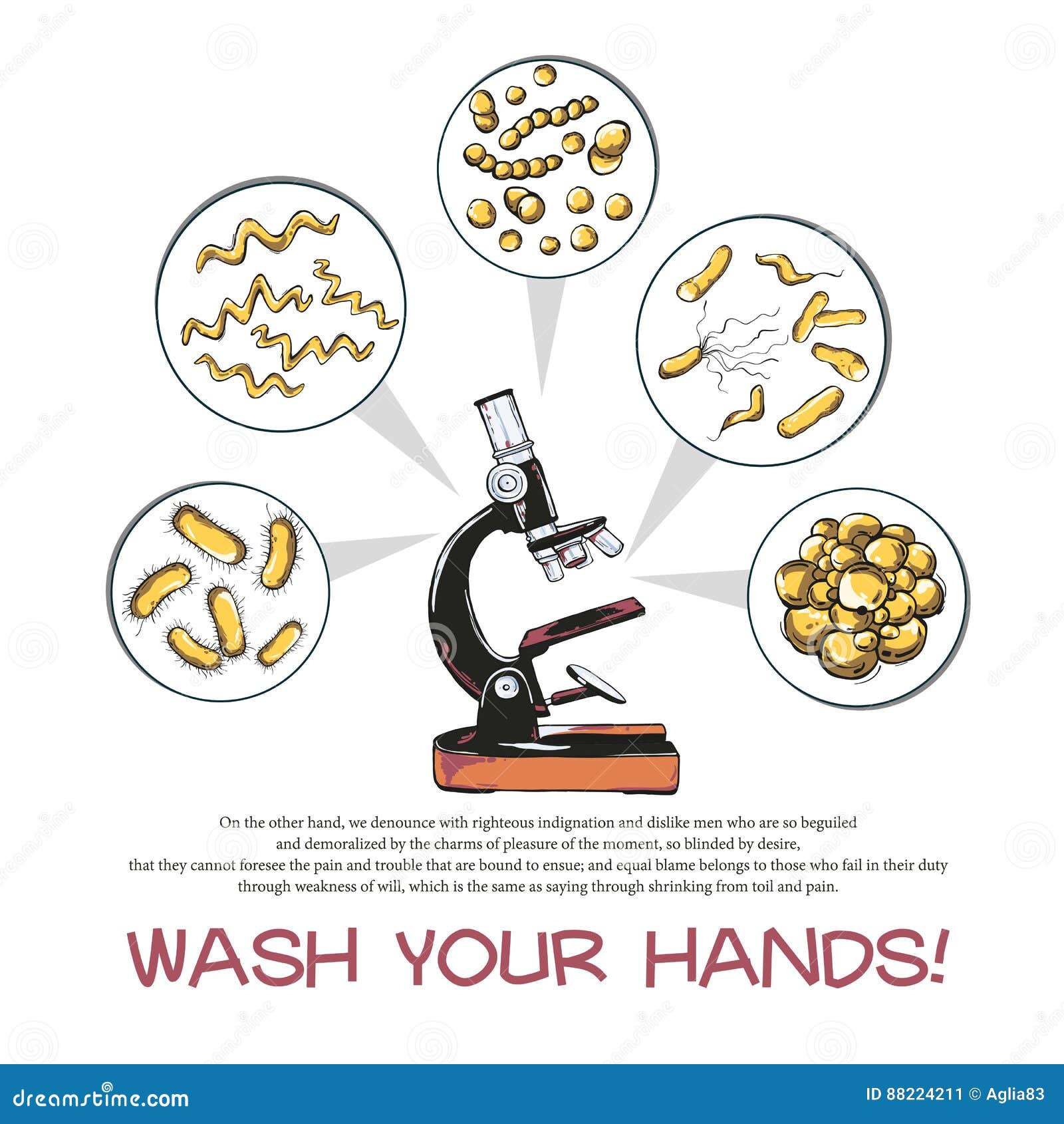 Poster Wash Your Hands With Microscope And Different Bacteria Cartoon ...