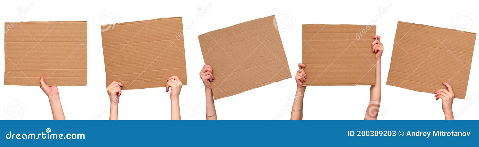Posters of Cardboard in His Hands. Isolated on White. Set Stock Image ...