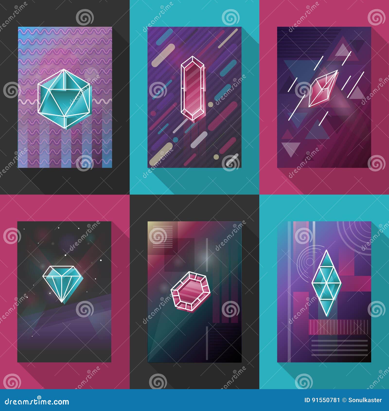Posters and Pattern Backgrounds Set with Vector Gem Crystals Stock ...