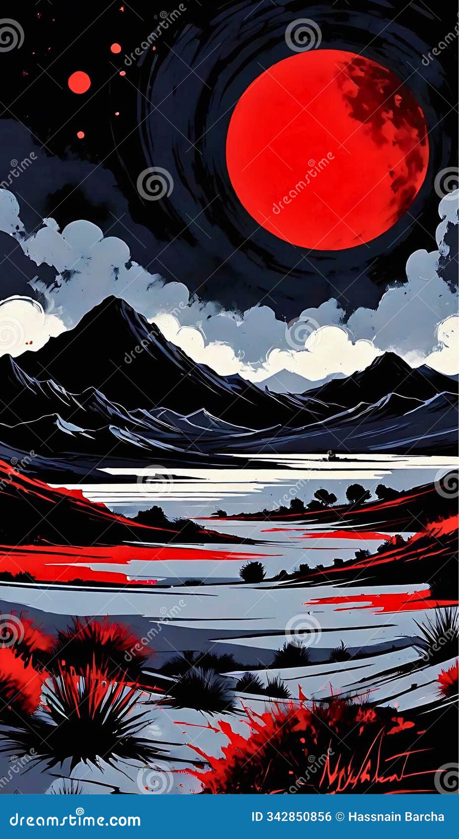 Blood Moon Over Desert Mountains in Night. Stock Illustration ...