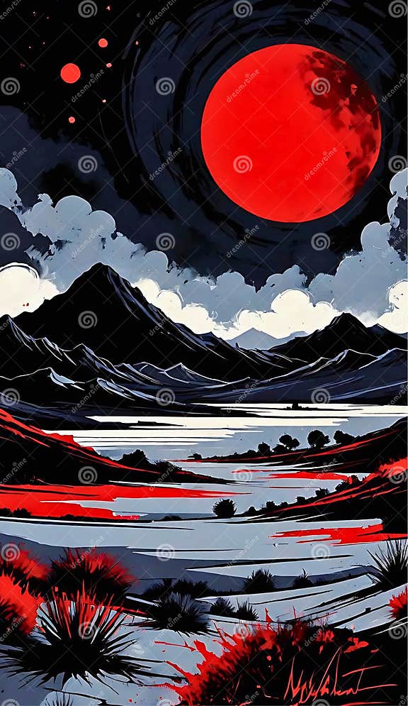 Blood Moon Over Desert Mountains in Night. Stock Illustration ...