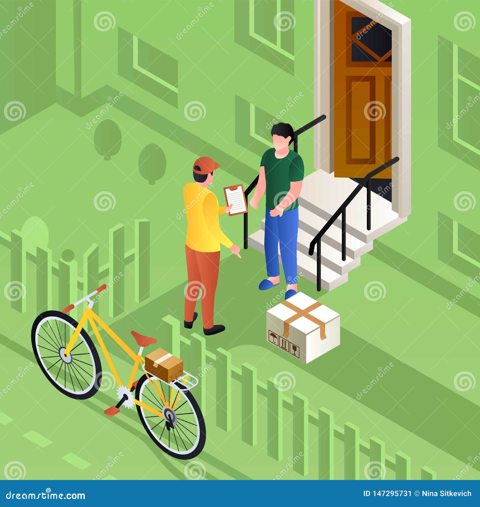 Postman on Bike Delivery Parcel Concept Background, Isometric Style ...