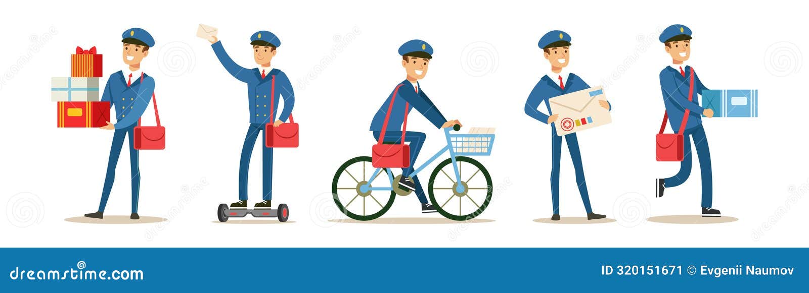 Postman In Different Poses. Man With Letters. Vector Illustration ...