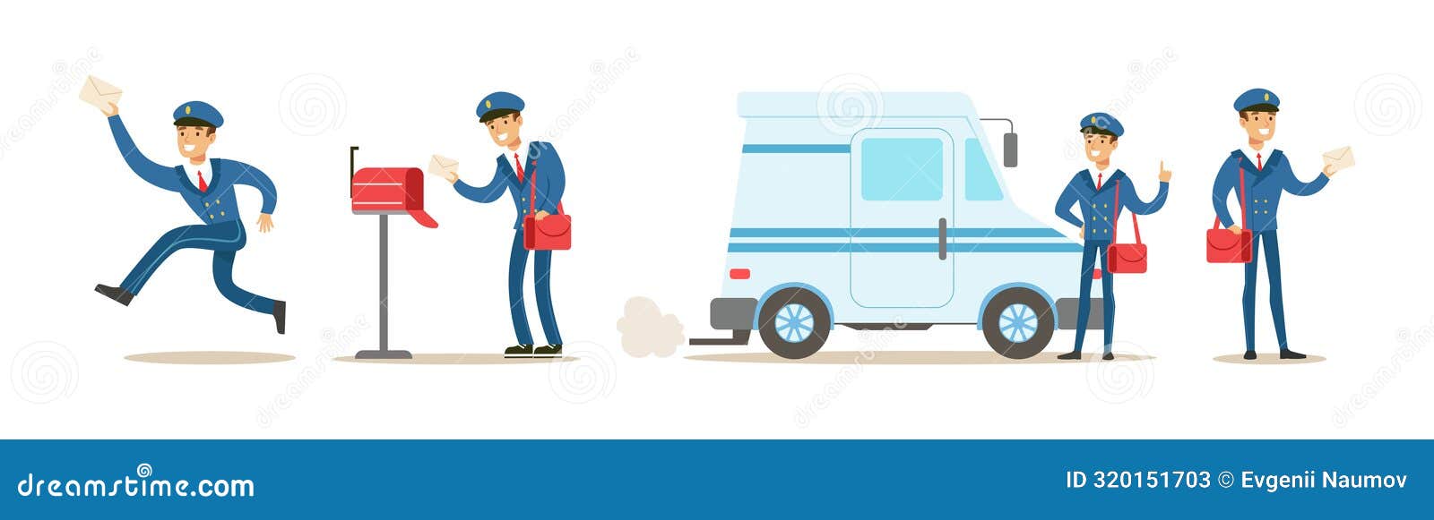 Postman In Different Poses. Man With Letters. Vector Illustration ...