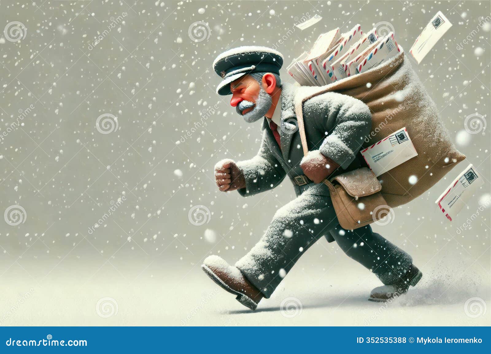 Postman with Letters in a Snowstorm. Space for Text. Stock Photo ...