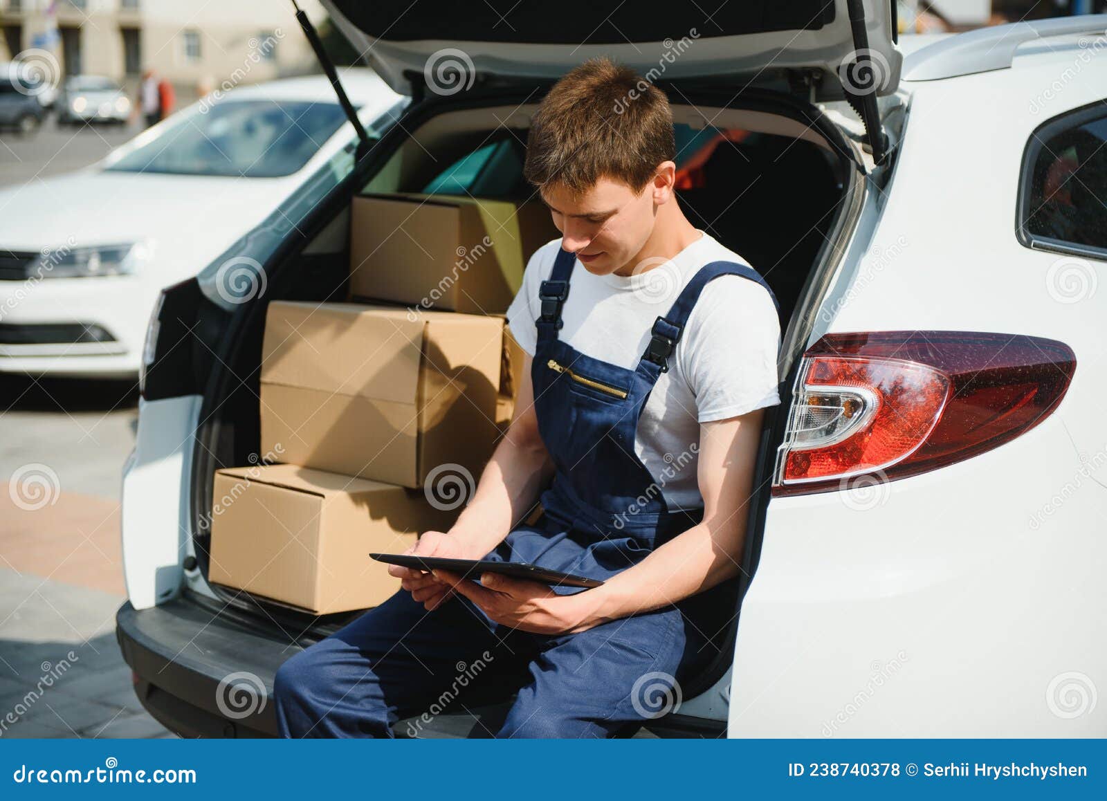 Postman with Parcel Box. Postal Delivery Service Stock Photo - Image of ...