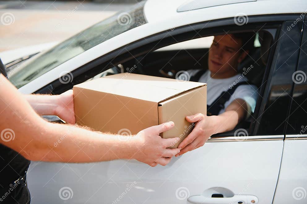 Postman with Parcel Box. Postal Delivery Service Stock Photo - Image of ...