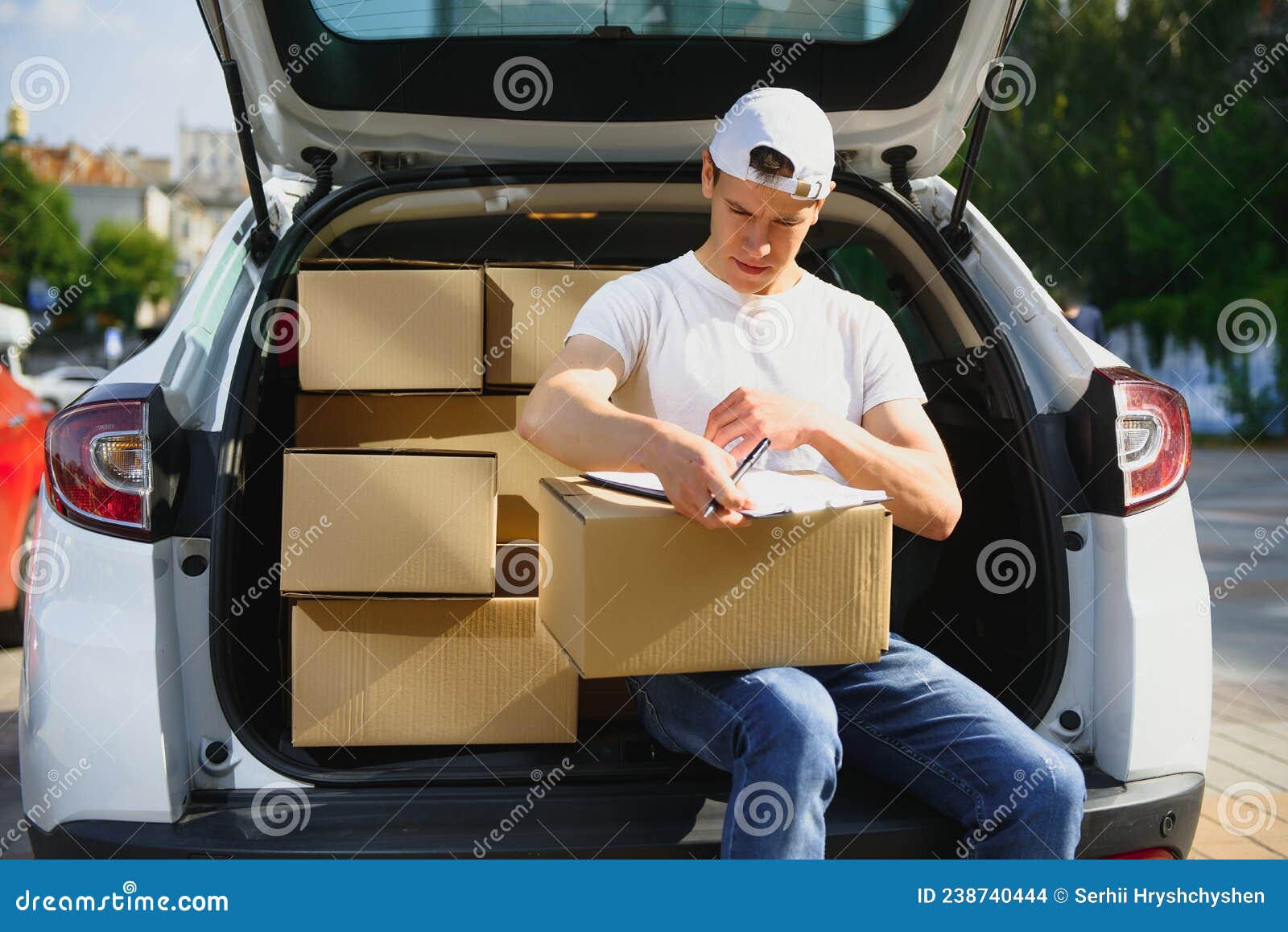 Postman with Parcel Box. Postal Delivery Service Stock Photo - Image of ...