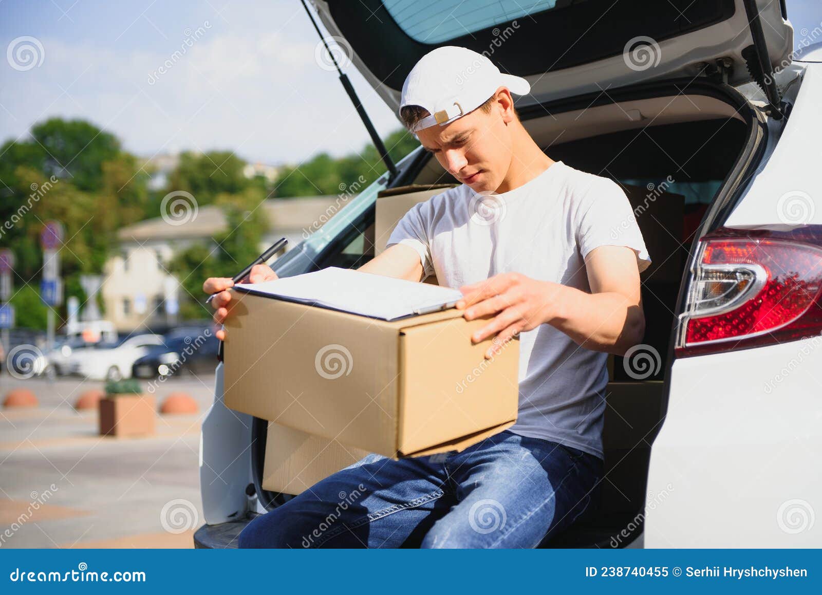 Postman with Parcel Box. Postal Delivery Service Stock Image - Image of ...