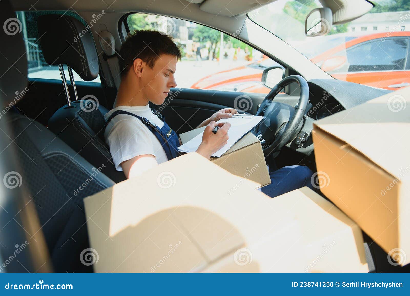 Postman with Parcel Box. Postal Delivery Service Stock Photo - Image of ...
