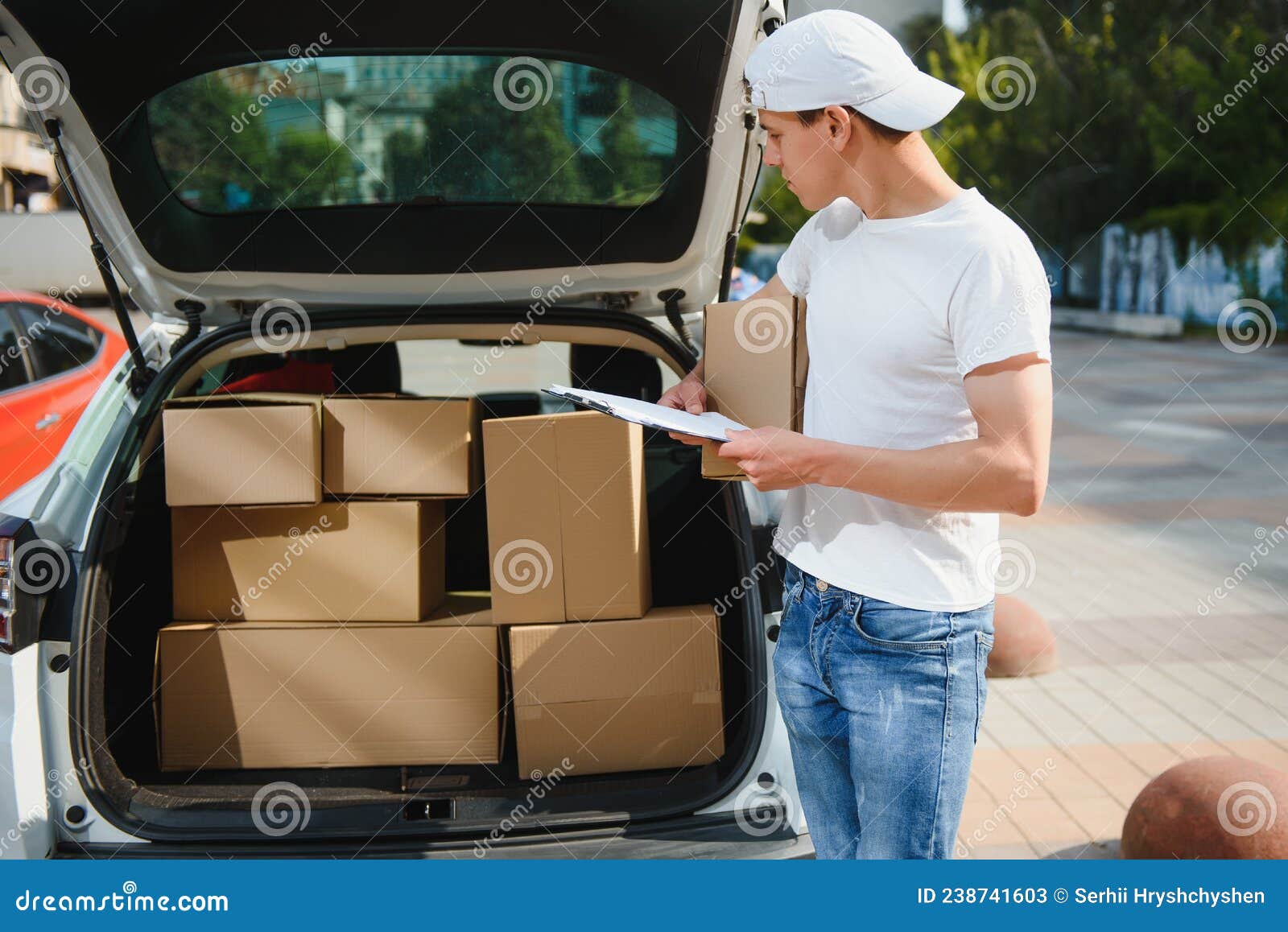 Postman with Parcel Box. Postal Delivery Service Stock Image - Image of ...