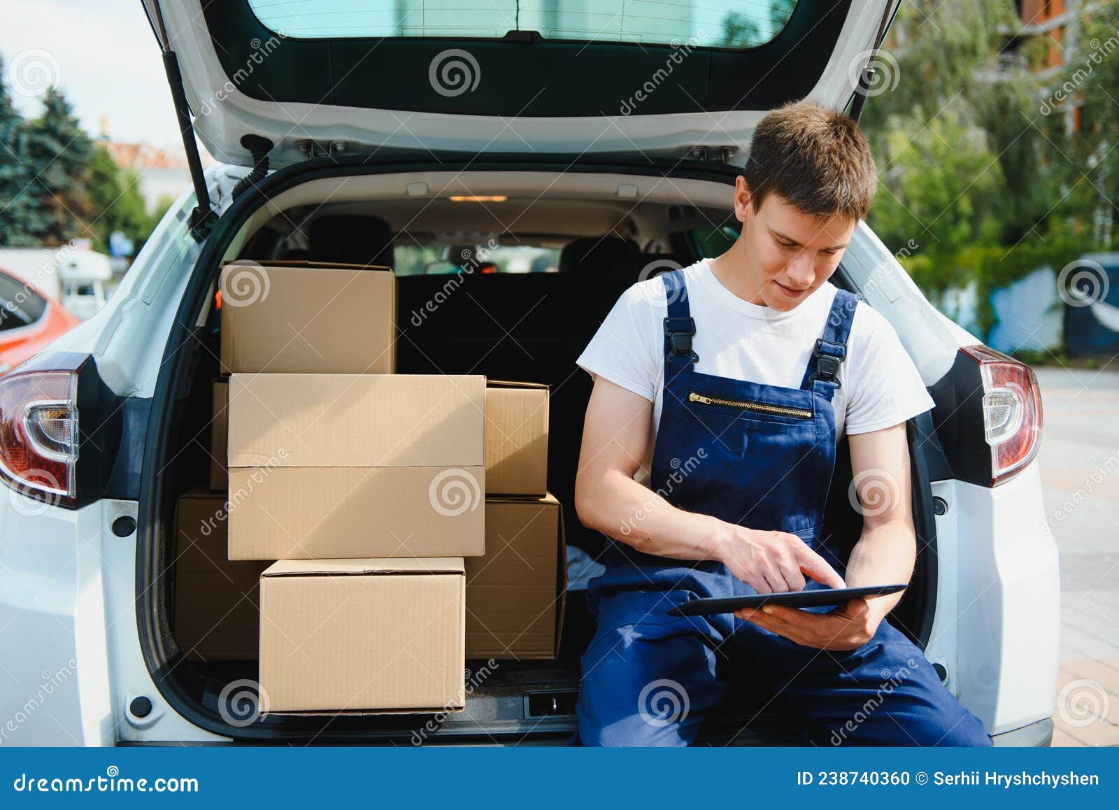 Postman with Parcel Box. Postal Delivery Service Stock Photo - Image of ...