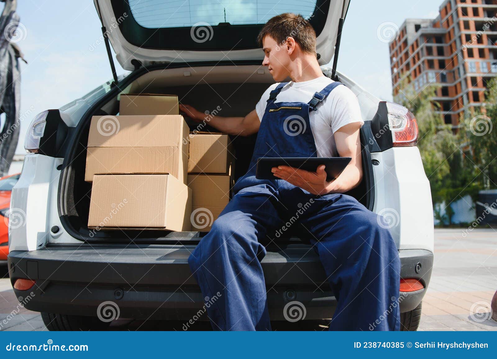 Postman with Parcel Box. Postal Delivery Service Stock Image - Image of ...