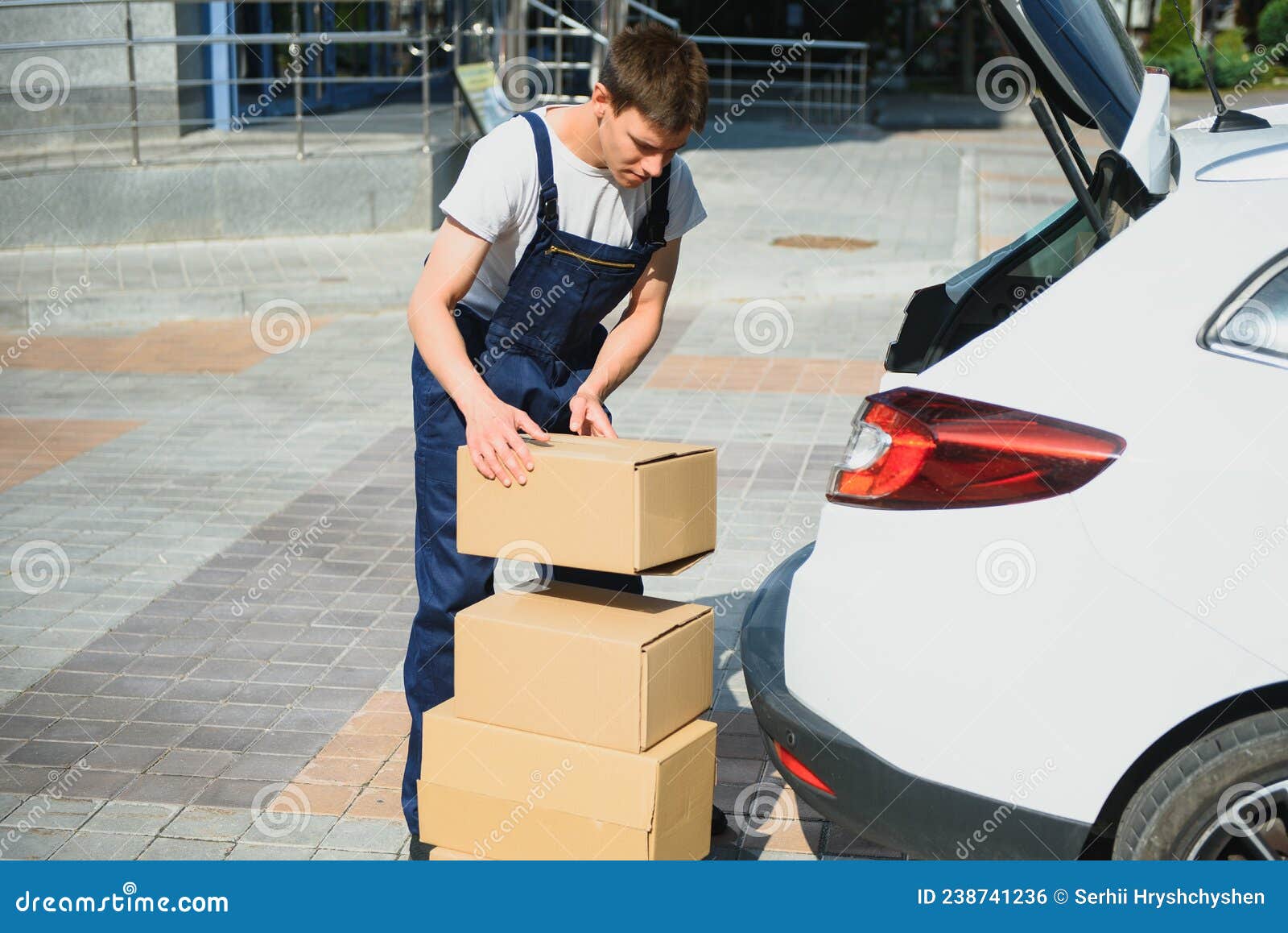 Postman with Parcel Box. Postal Delivery Service Stock Photo - Image of ...