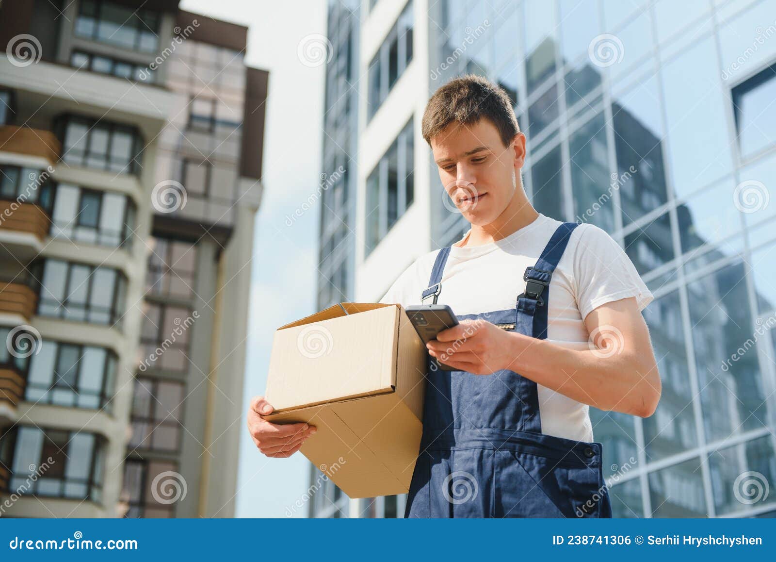 Postman with Parcel Box. Postal Delivery Service Stock Photo - Image of ...