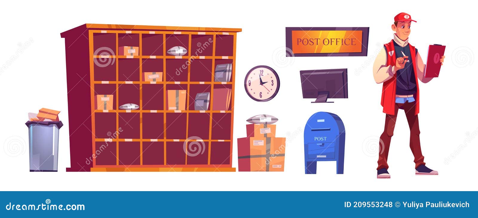 Postman and Post Office with Parcels on Shelves Stock Vector ...