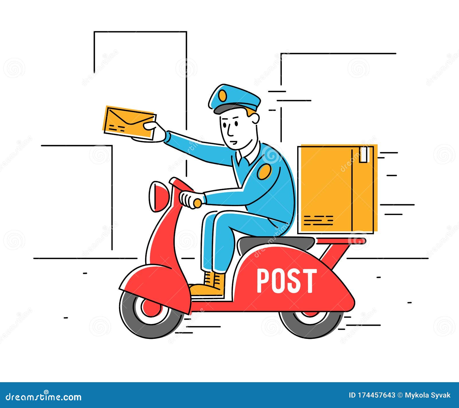 Postman Shipping Parcel And Mail By Scooter Courier Man Hold Paper