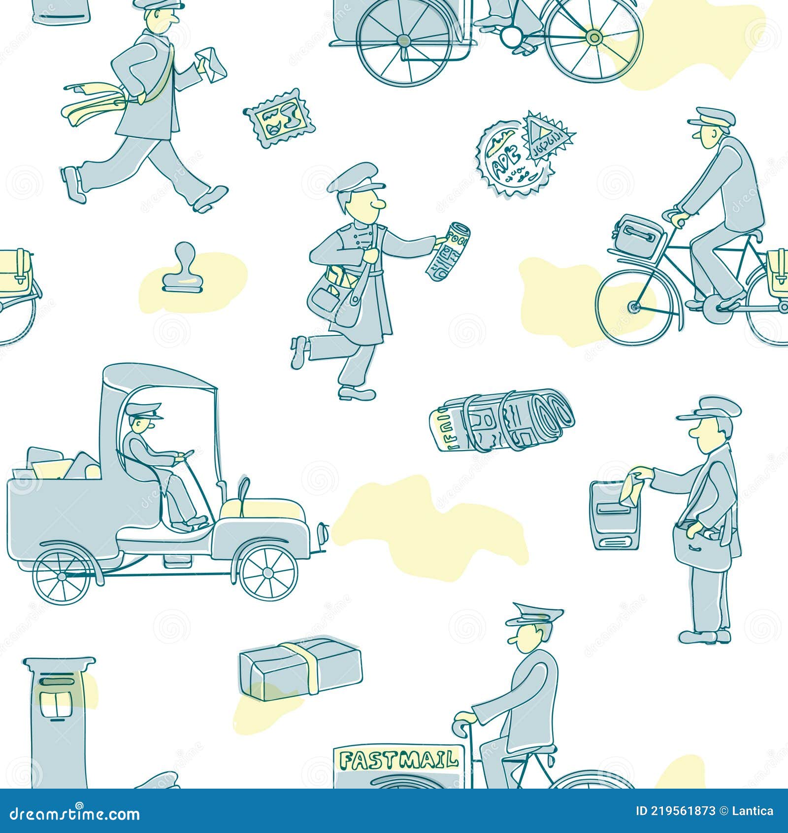 Postmen Deliver Mail. Seamless Pattern with Figures of People and ...