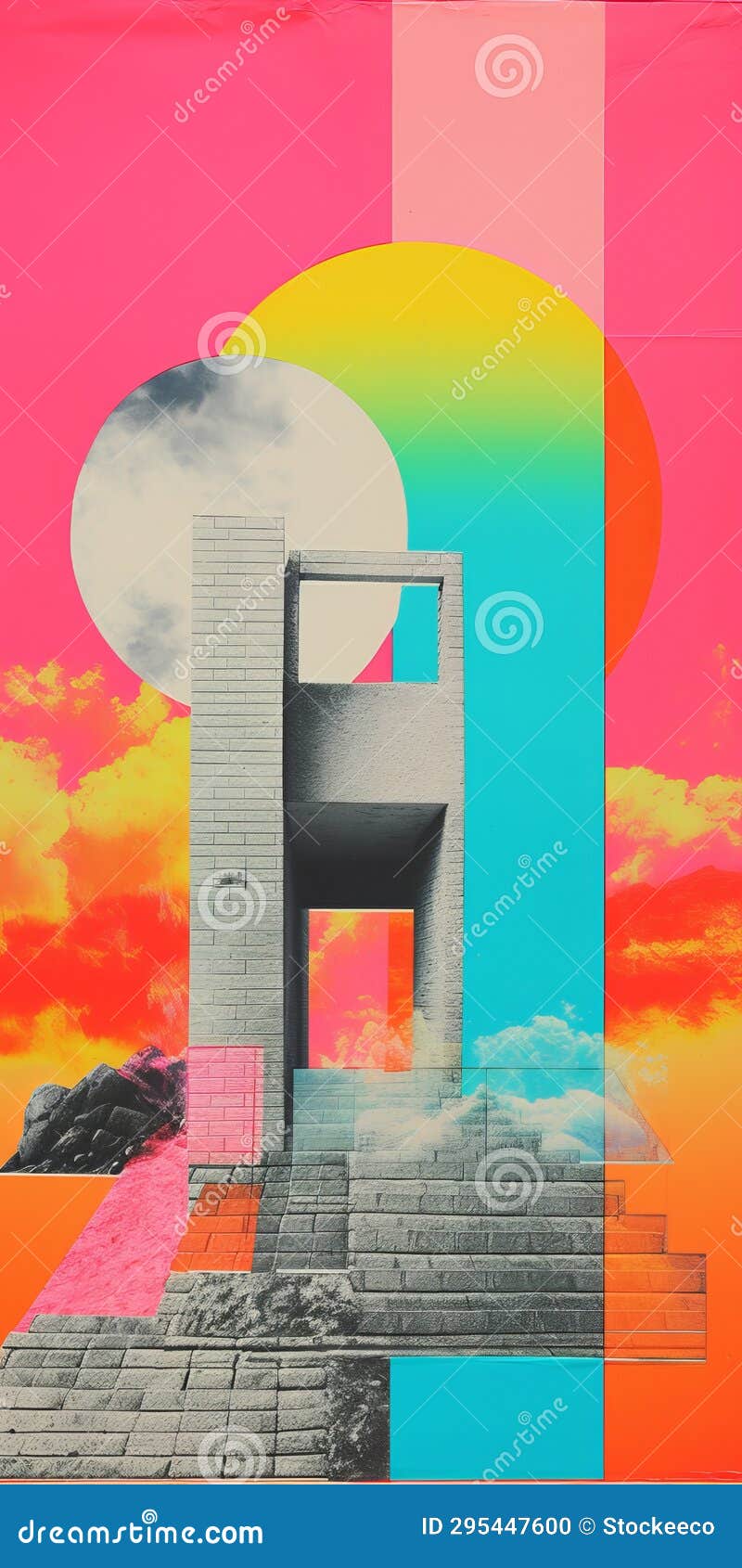 Postmodern Collage: a Rainbow Tower of Industrial Brutalism Stock ...