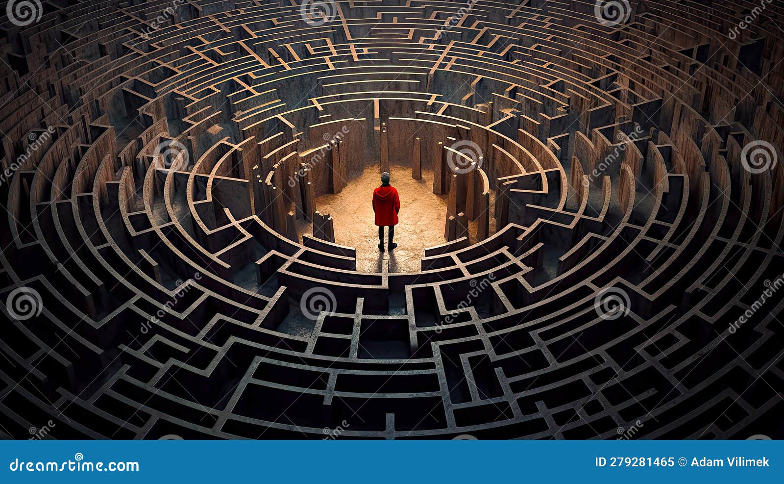 Man in the Middle of Maze Looking for Way Forward. Stock Illustration ...