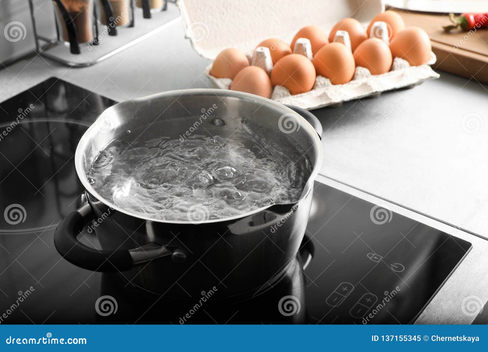 Pot with Boiling Water on Electric Stove in Kitchen Stock Image - Image ...