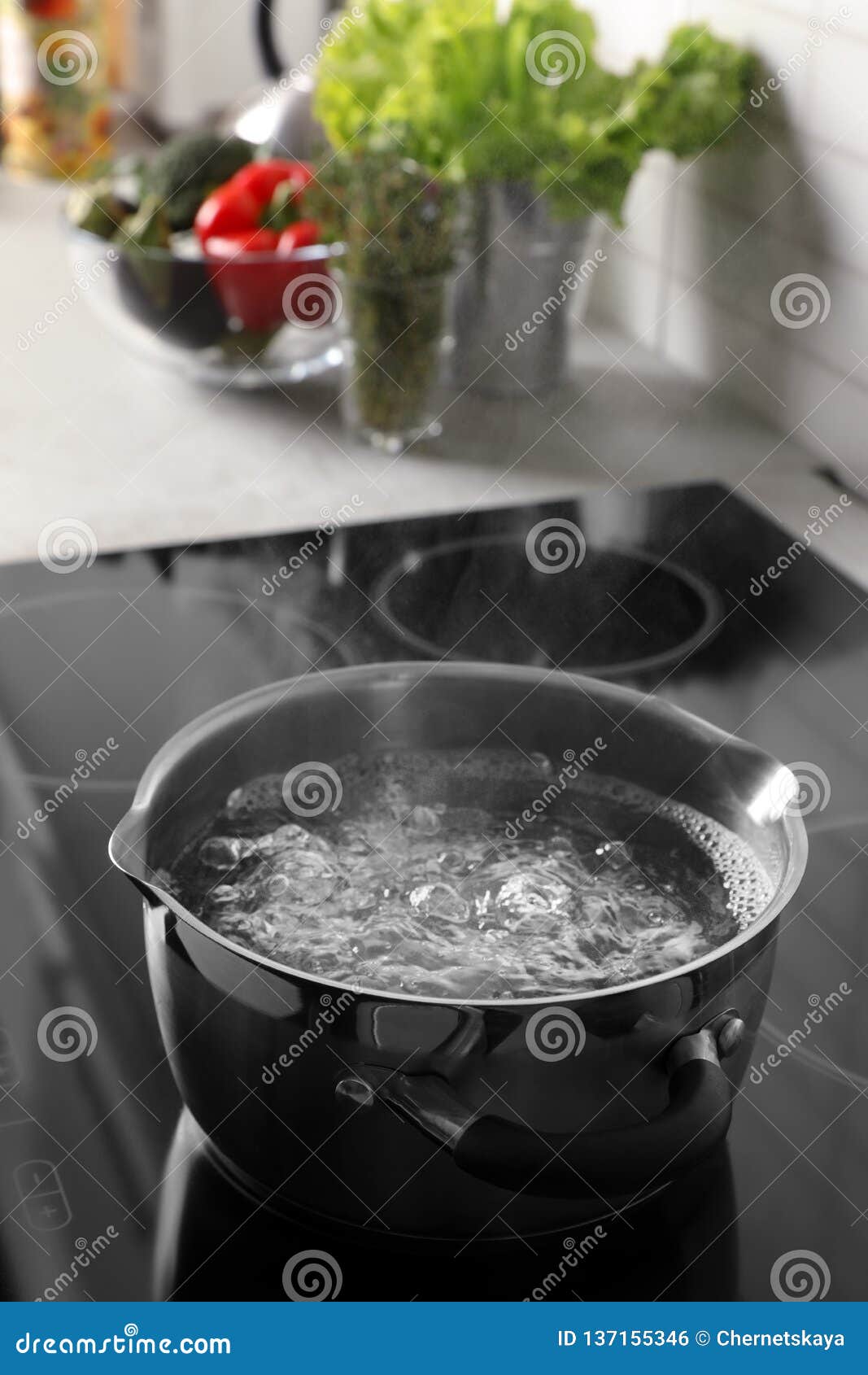 Pot with Boiling Water on Electric Stove in Kitchen Stock Photo - Image ...
