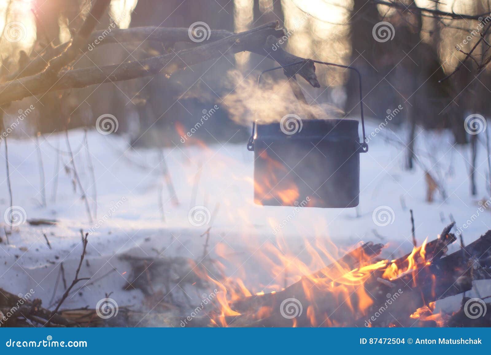A Pot of Boiling Water on the Fire Warms in the Winter Forest, Stock ...