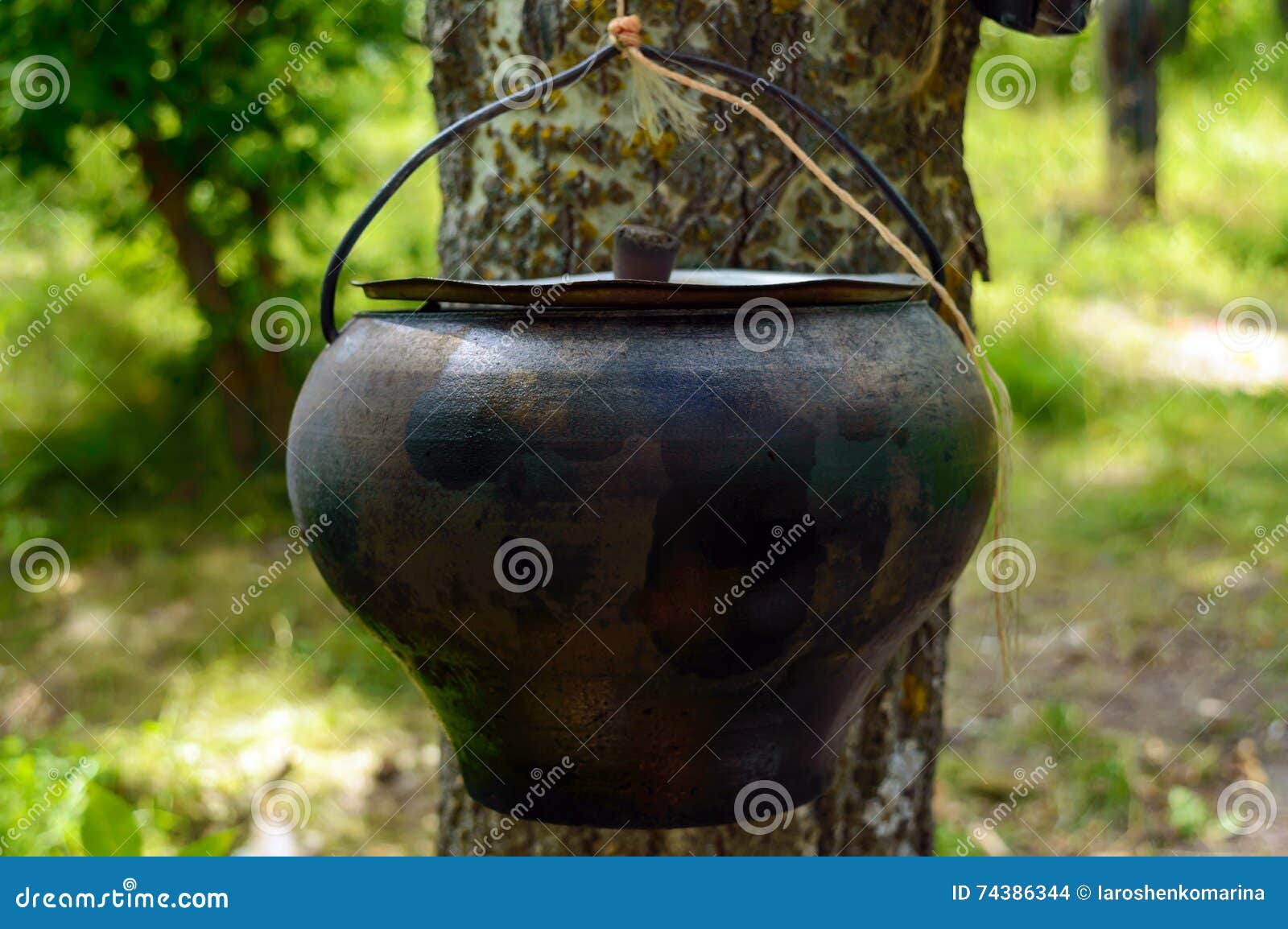 A Pot for Cooking Over an Open Fire, Hanging on the Tree. for Hikes ...