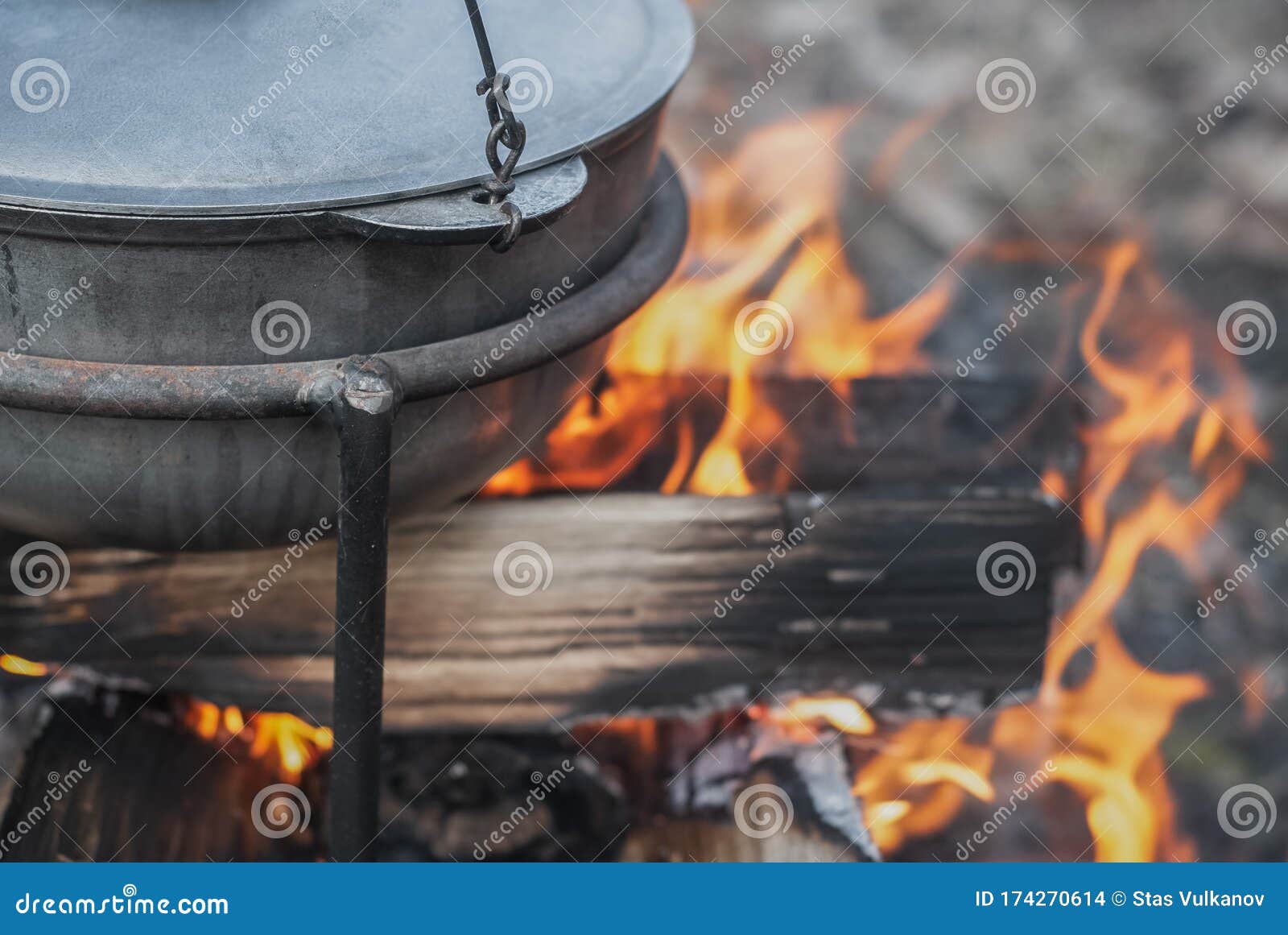 Pot on Fire Close-up, Cooking on an Open Fire during a Hike, Stock ...