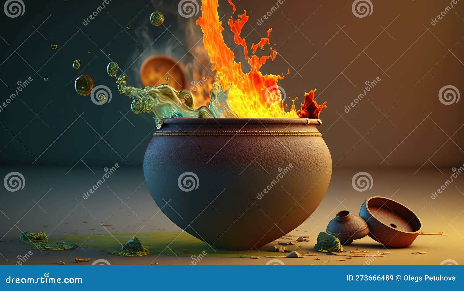 A Pot with Fire and Water Coming Out of it on a Table Stock Image - Image of bright, background ...