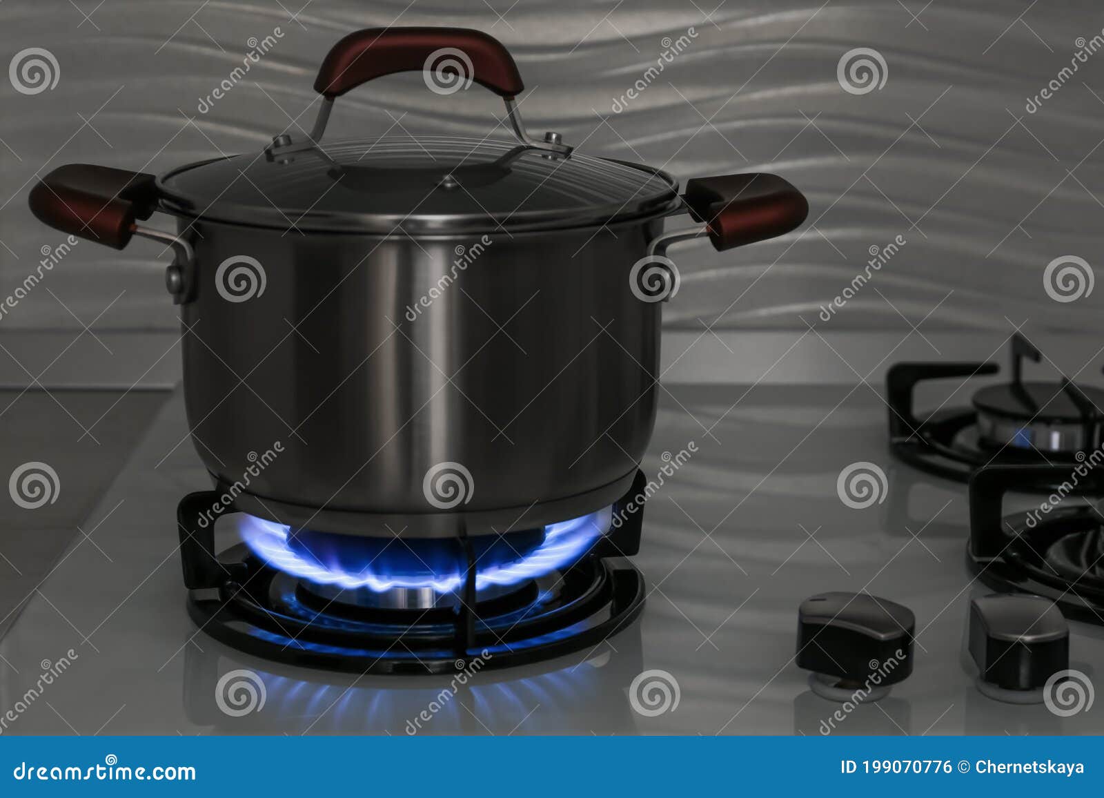 Pot on Gas Cooktop in Kitchen Stock Photo - Image of home, domestic ...