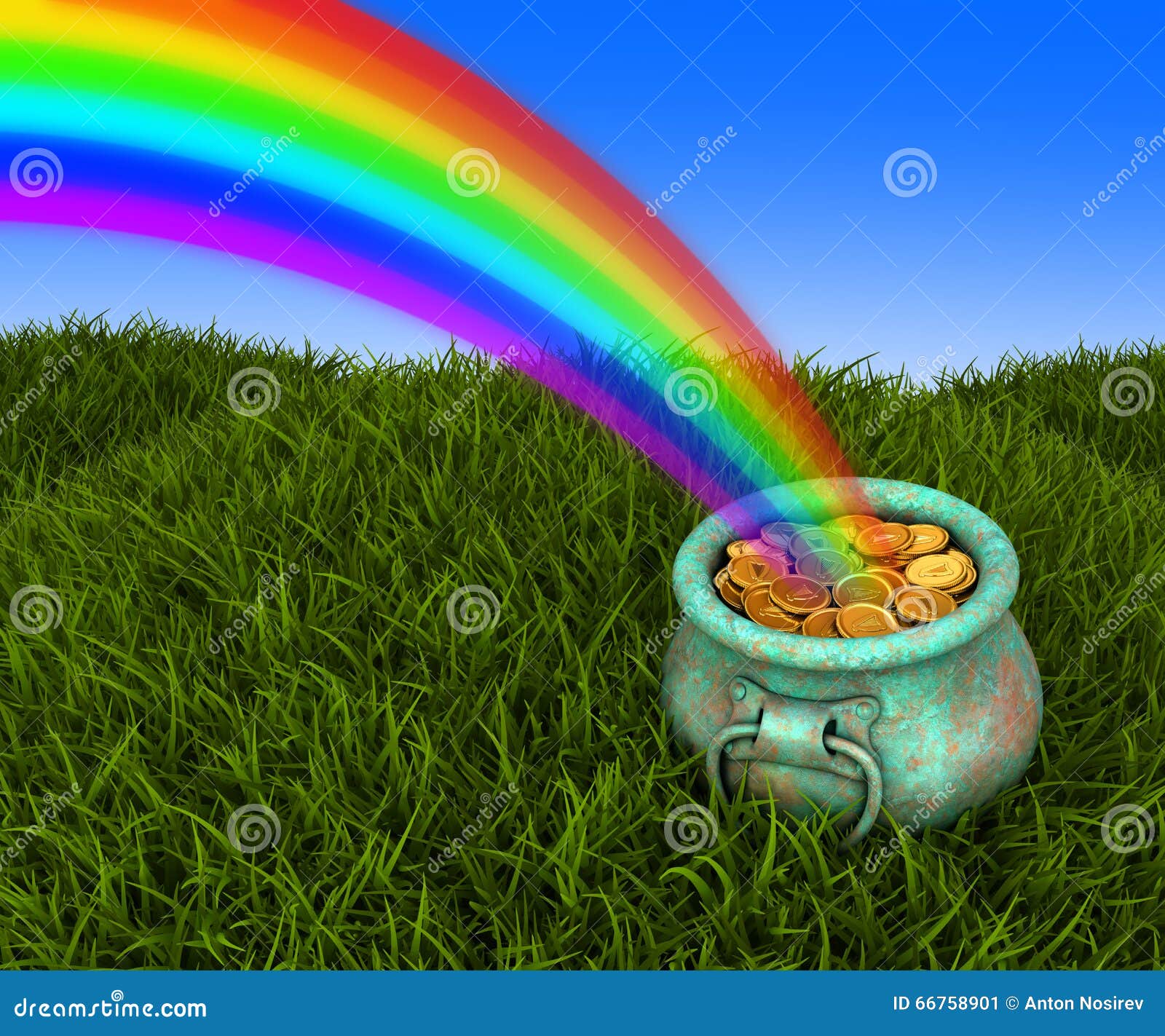 Pot of Gold Coins on a Meadow Under the Rainbow. Stock Illustration ...