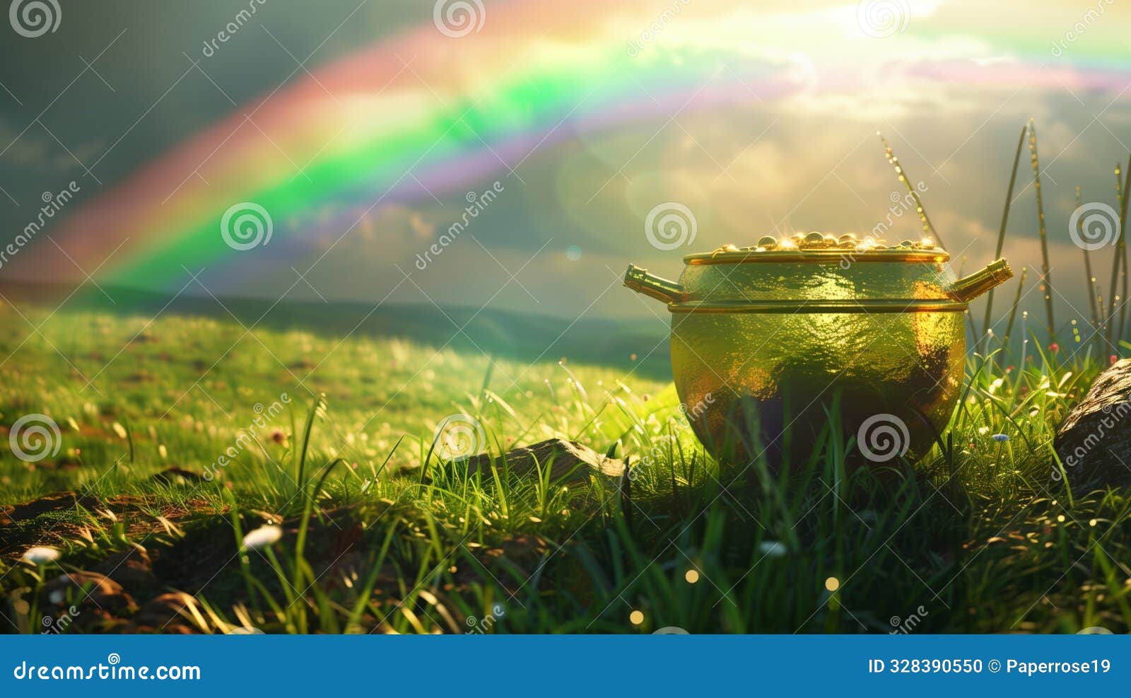 A Pot of Gold at the End of a Rainbow Stock Photo - Image of full, blue ...