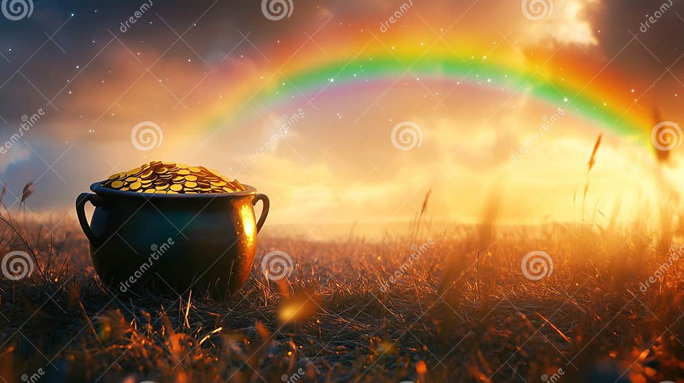 A Pot of Gold at the End of a Rainbow Stock Image - Image of treasure ...