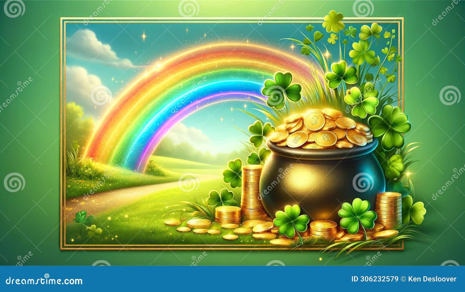 Pot of Gold with Rainbow in Background on the Format of a Postcard ...
