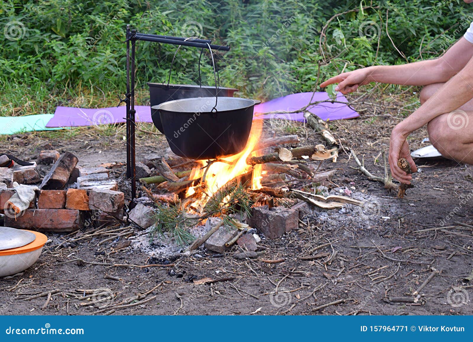 Bonfire with a Pot in Which Preparing Dinner Outdoors Stock Image ...