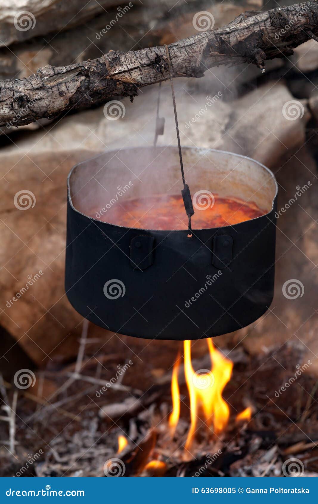 Pot with Soup Cooking on Campfire Stock Image - Image of cook, flame ...