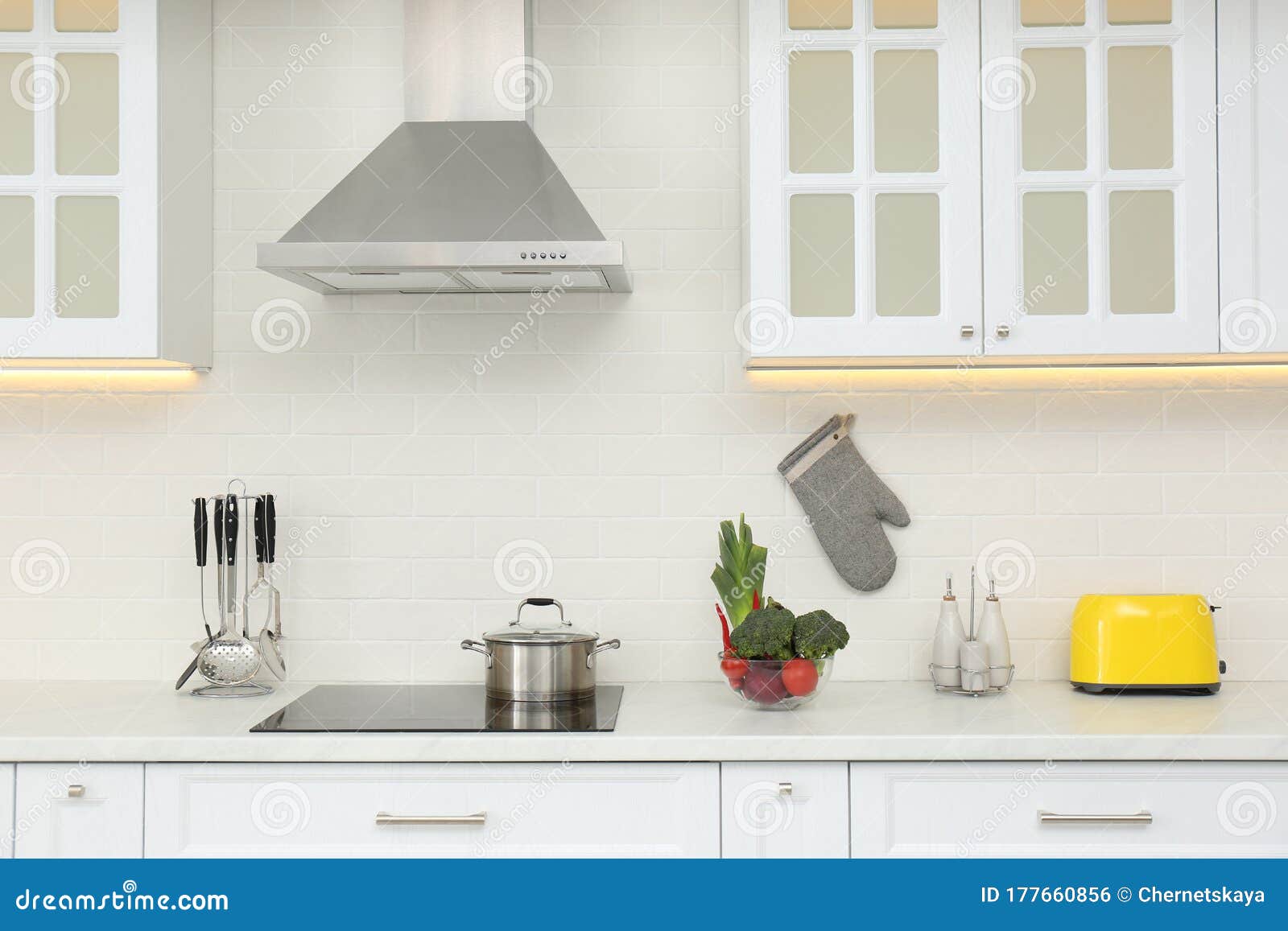 Pot on Stove and Fresh Vegetables in Kitchen Stock Photo - Image of ...