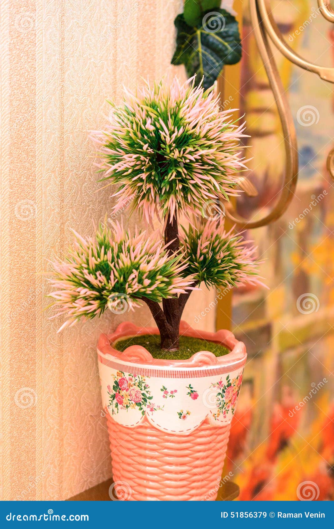 Pot on the Table with Pine Trees in Interior of Stock Image - Image of ...