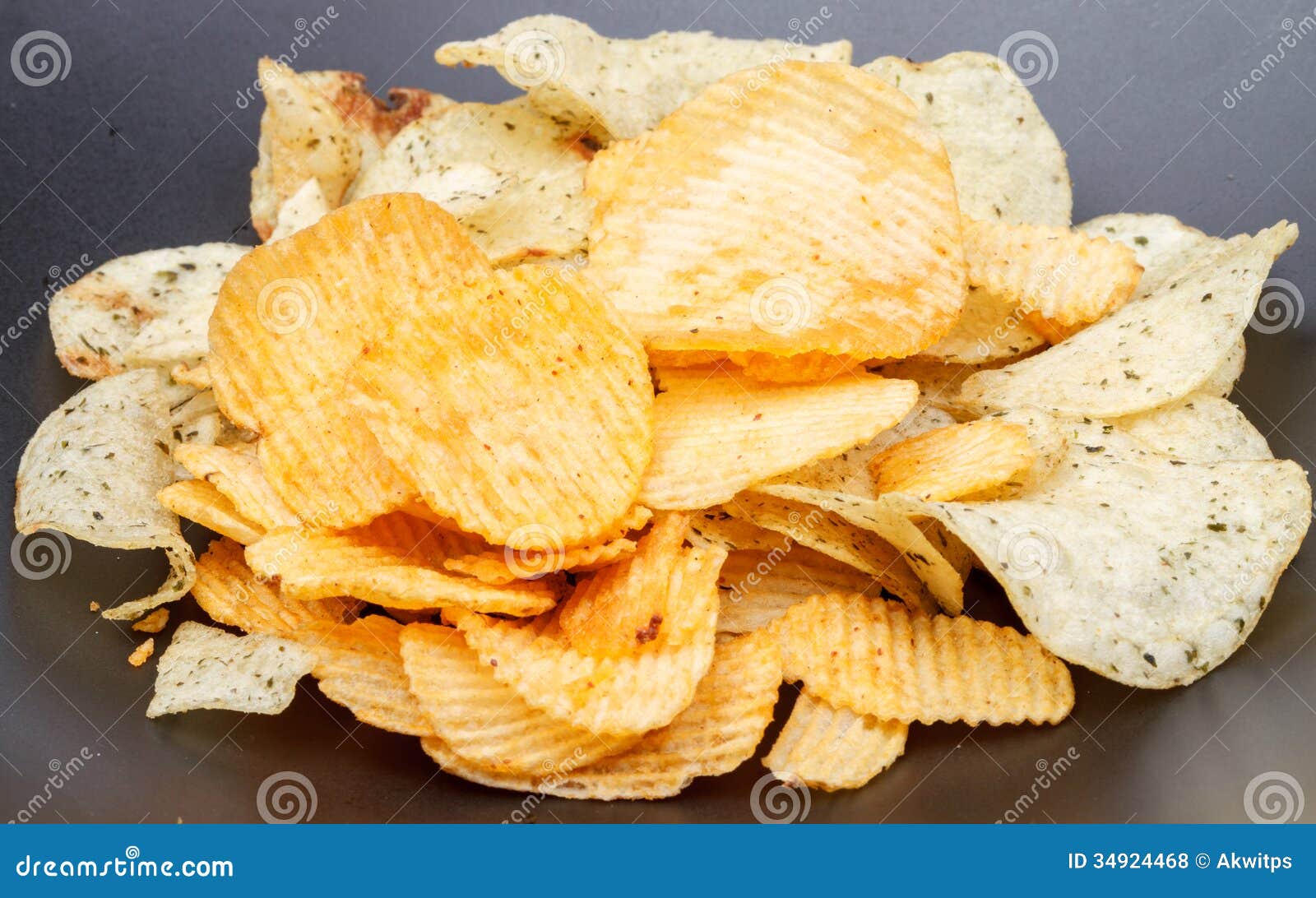 Potato chip on black dish stock photo. Image of delicious - 34924468