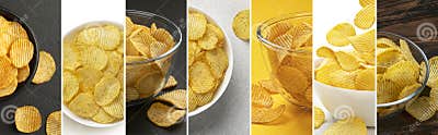 Potato Chips Collage, Different Types of Crisps Stock Image - Image of ...