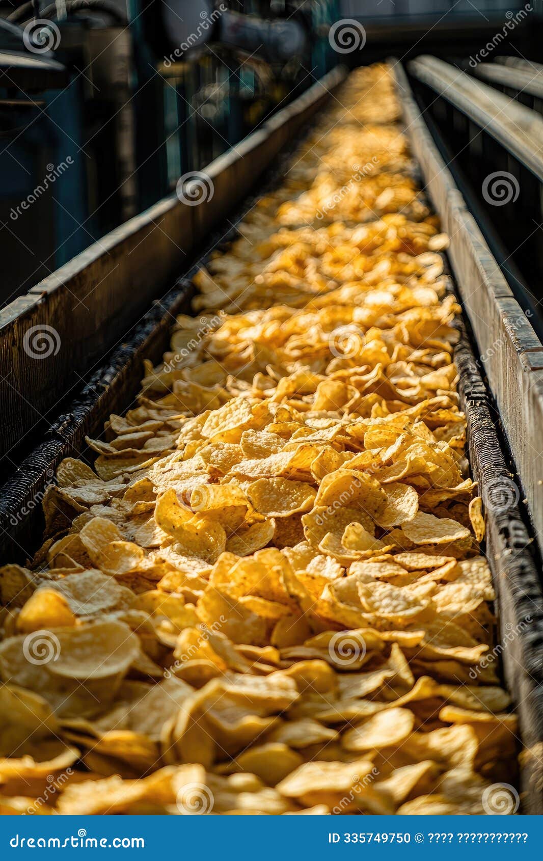 Potato Chips on a Conveyor Belt. Selective Focus Stock Photo - Image of ...