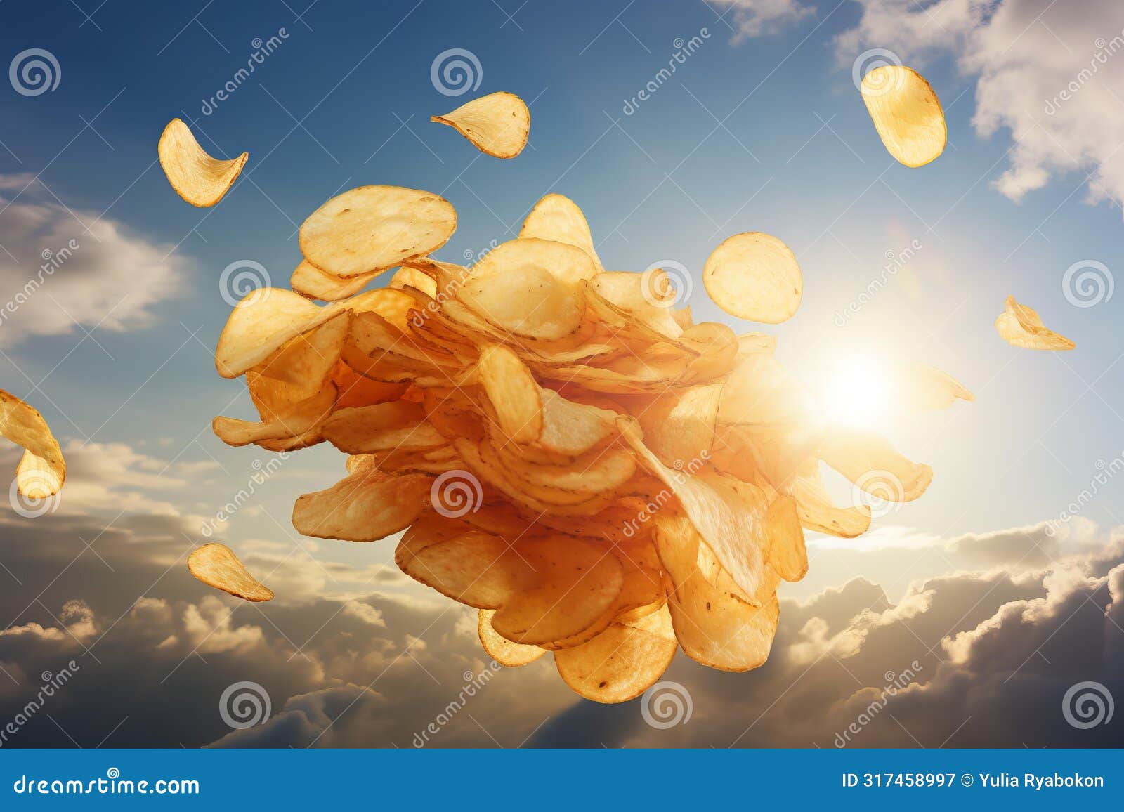 Potato Chips Explosion in Sunset Sky Stock Illustration - Illustration ...