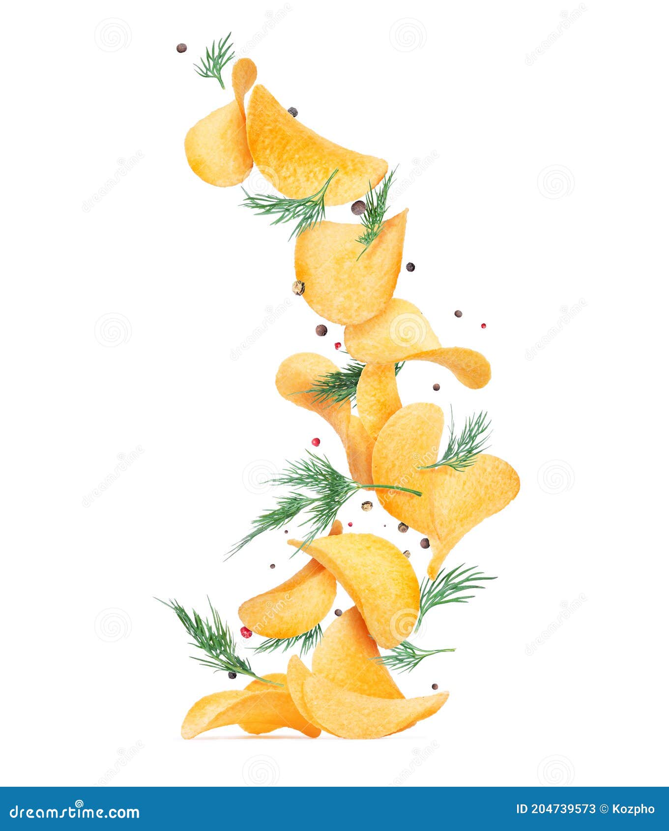 Potato Chips Fall Down with Spices and Fennel, Isolated on a White ...