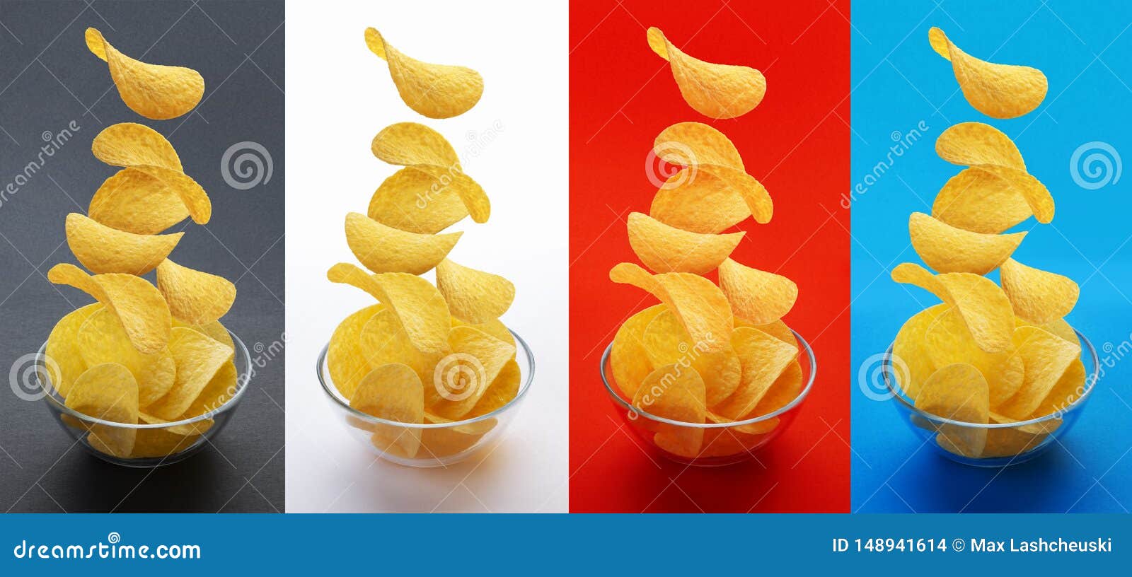 Potato Chips Falling Into Glass Bowl Isolated On White Background ...