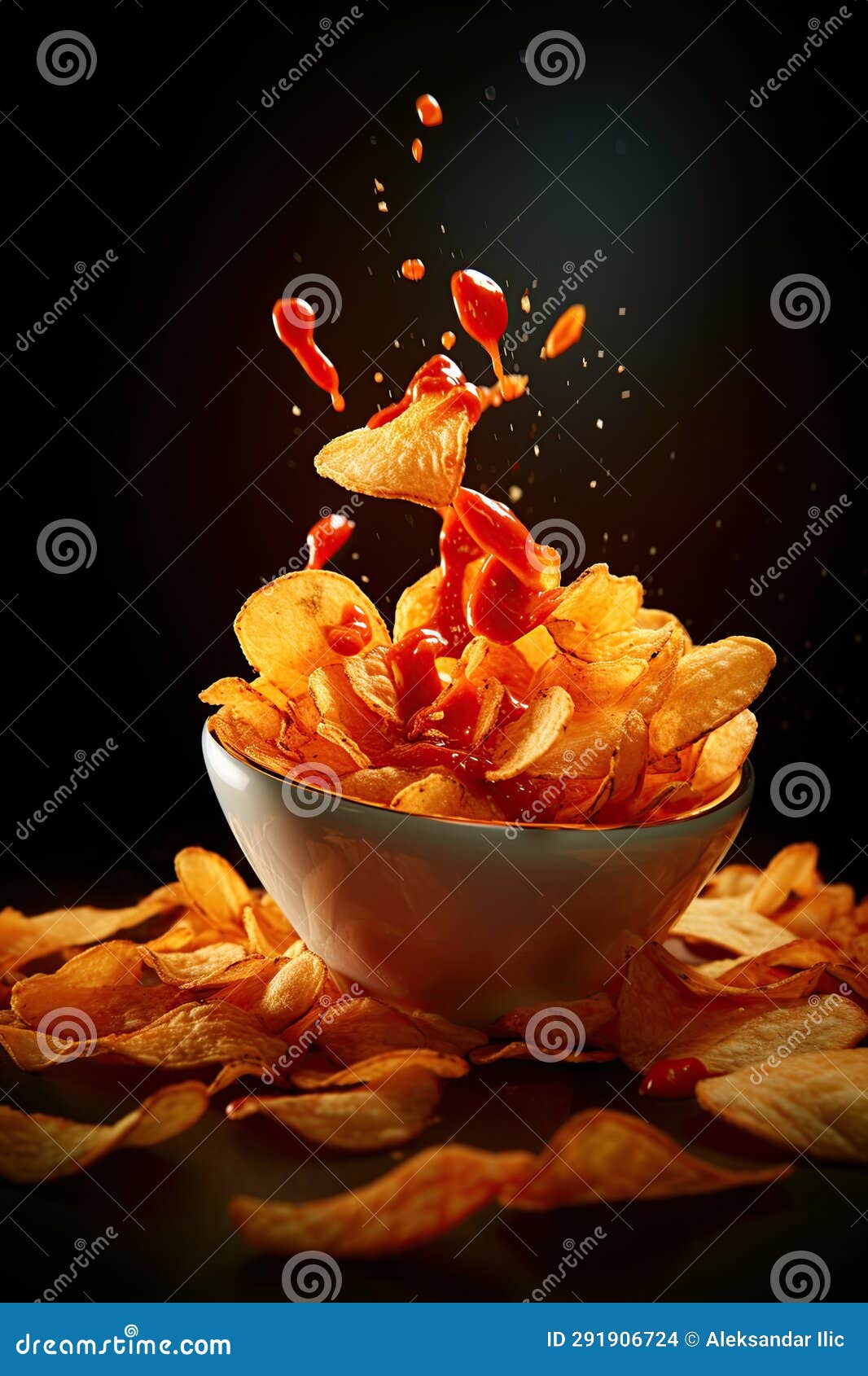 Potato Chips Falling in To a Bowl Full of Chips and Ketchup. Ai ...