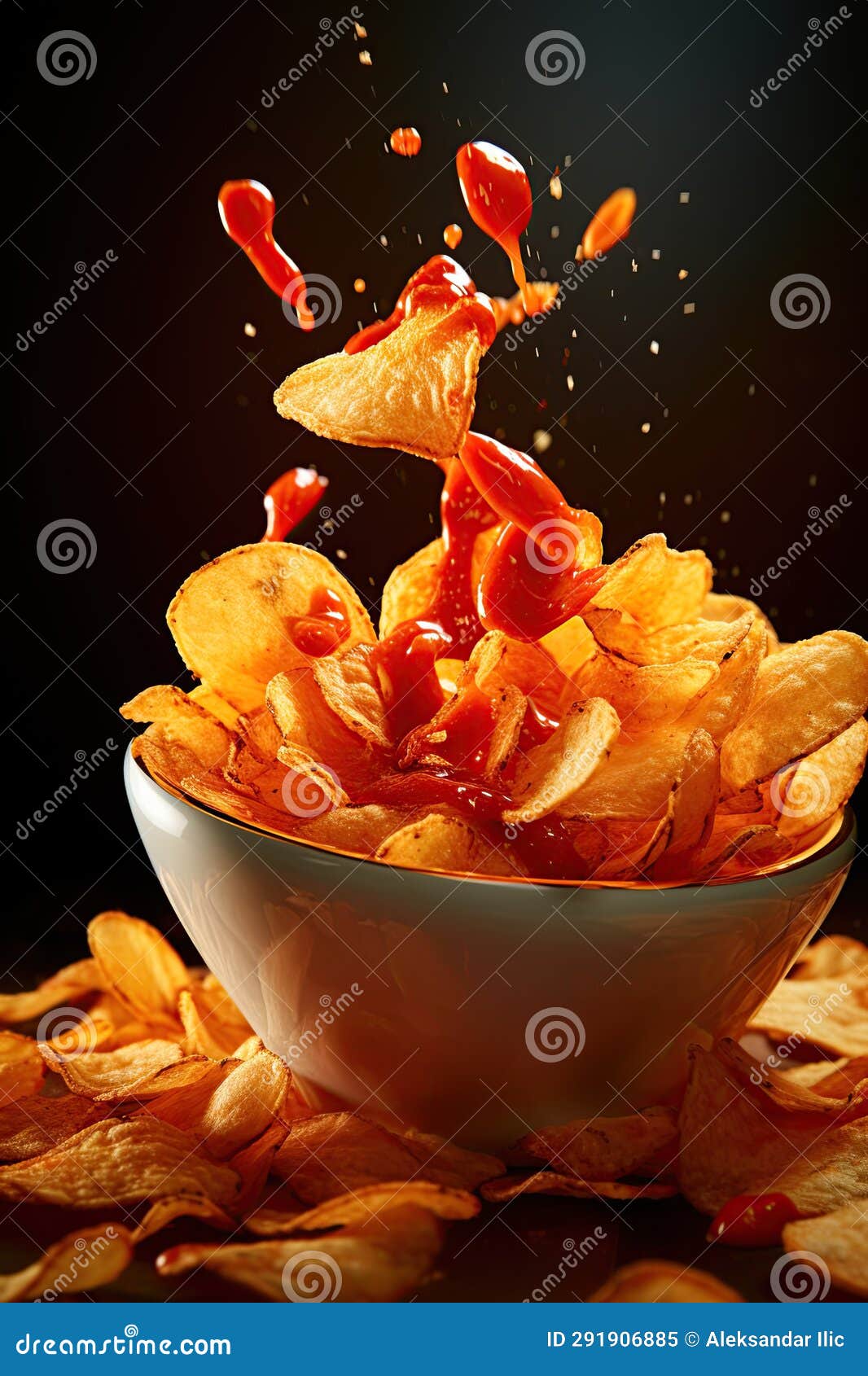 Potato Chips Falling in To a Bowl Full of Chips and Ketchup. Ai ...
