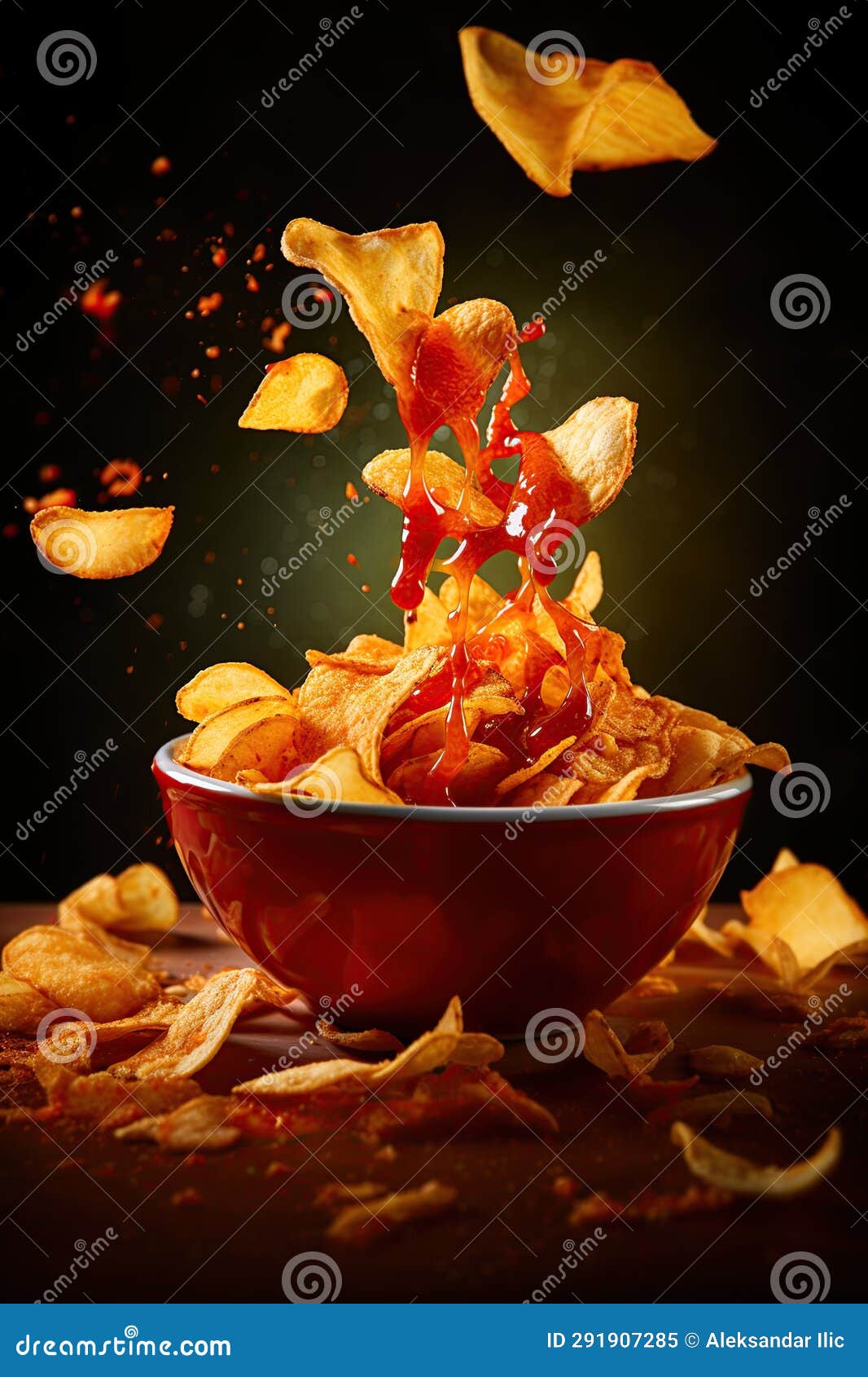 Potato Chips Falling in To a Bowl Full of Chips and Ketchup. Ai ...